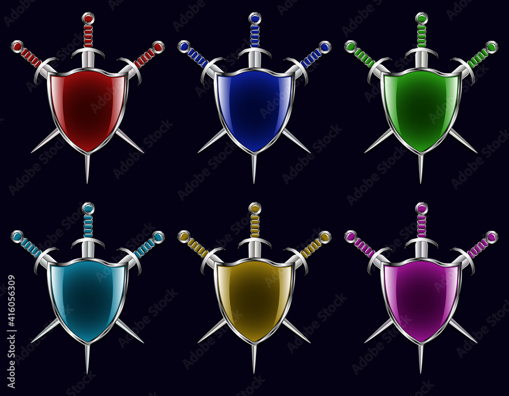 Shield and swords, multicolored set. Heraldry and knight ammunition ...