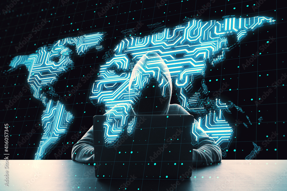 Hacker attack concept with noface hacker working on laptop and digital ...