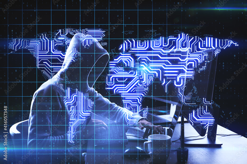 Global hacker attack concept with coding noface hacker and digital ...