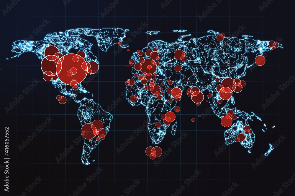 Digital world map with hearts of spread COVID-19 virus by red spots ...