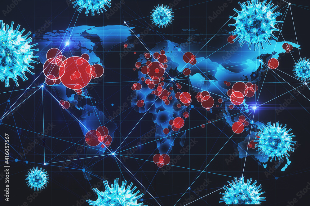Digital world map with infected areas by red spots, coronavirus ...
