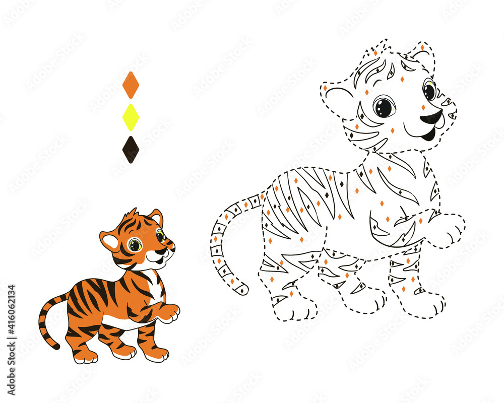 coloring book by numbers, by color, little tiger. For the little ones ...