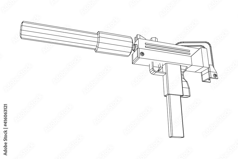 Submachine gun modern firearms pistol with silencer. Wireframe low poly ...