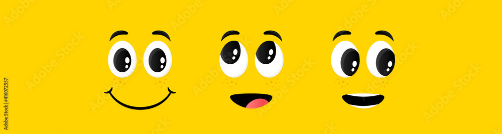 Cartoon face expressions. Smile face, surprised and interested emotions ...