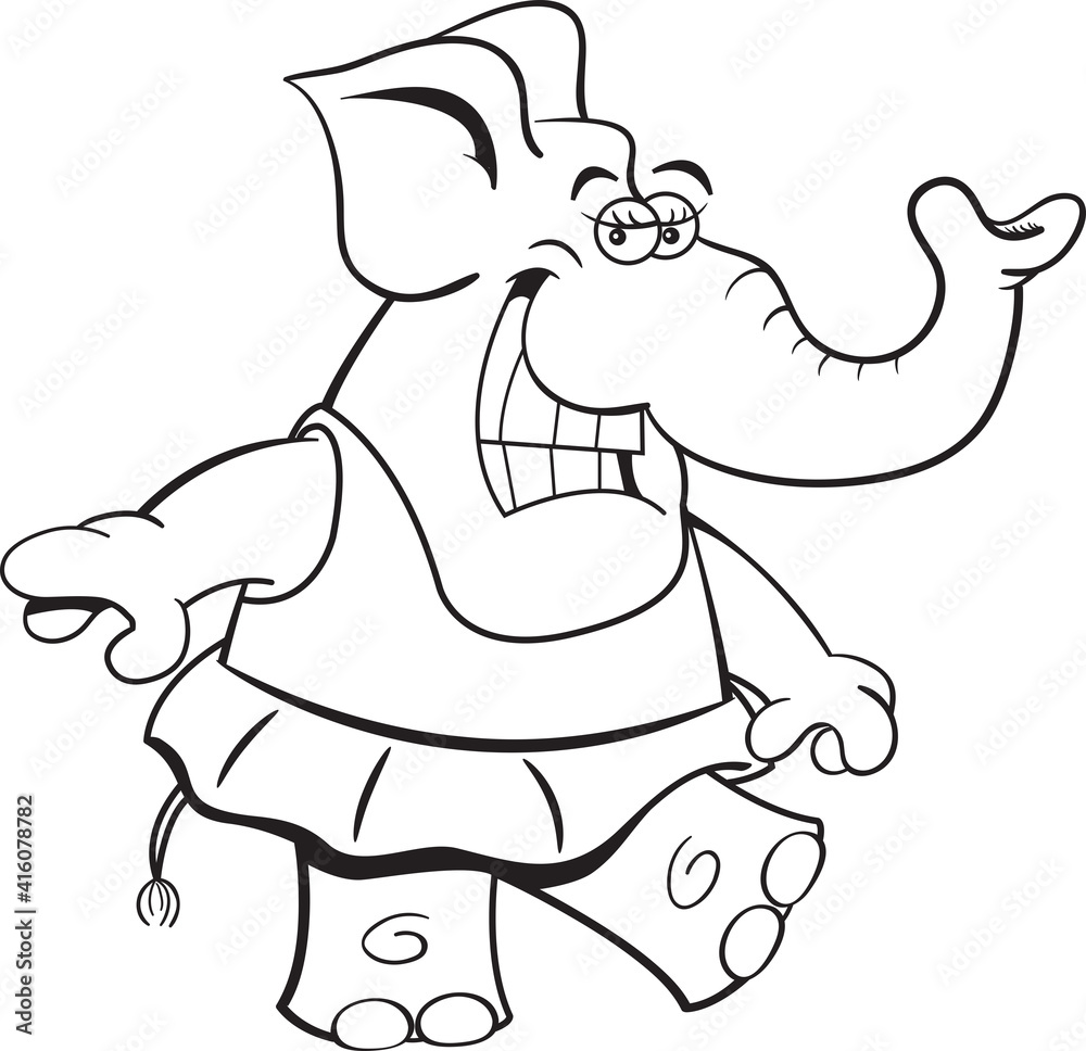 Black and white illustration of a happy elephant wearing a ballet tutu ...