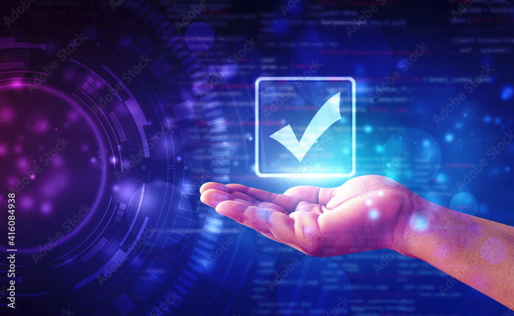 Check mark symbol in digital background, Technology abstract background ...