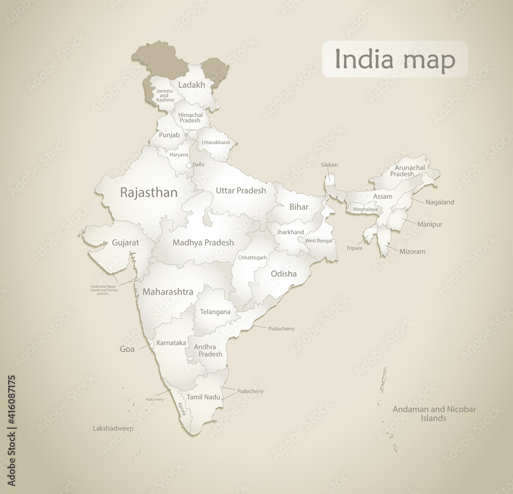 New India map, administrative division with names, old paper background ...