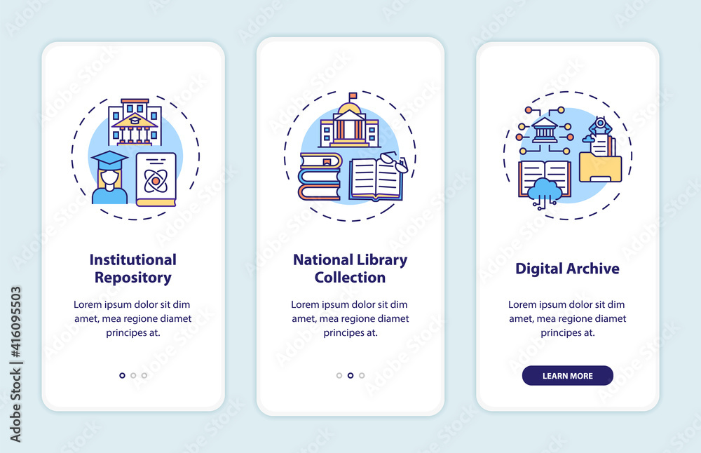 Types of digital libraries onboarding mobile app page screen with ...