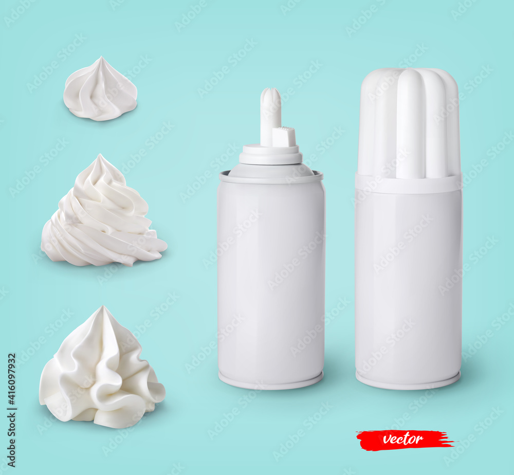 Set of whipped cream swirls and whipped cream cans on blue background ...