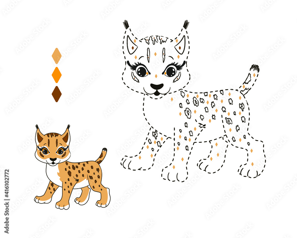 little lynx, coloring book by numbers, by color for kids.Vector ...
