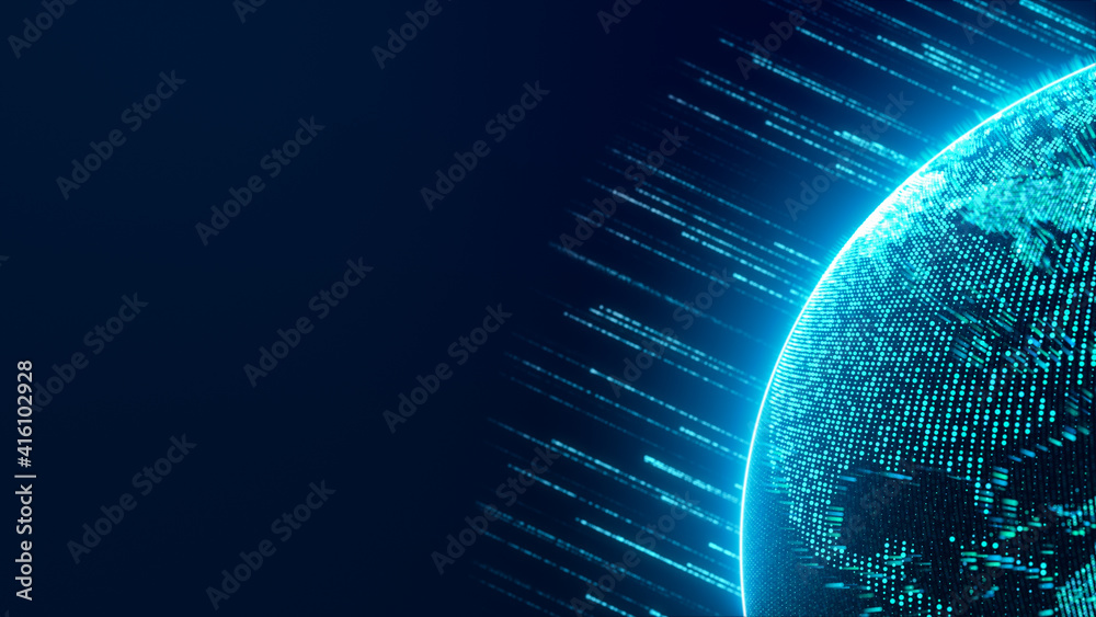 Digital Earth globe cyberspace with data flowing neon light stripe, 3D futuristic global network ...