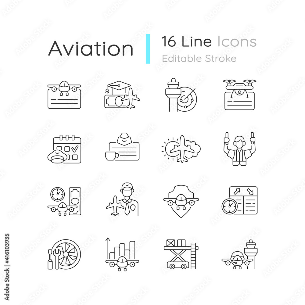 Aviation linear icons set. Civil aviation issues. Flight attendant ...