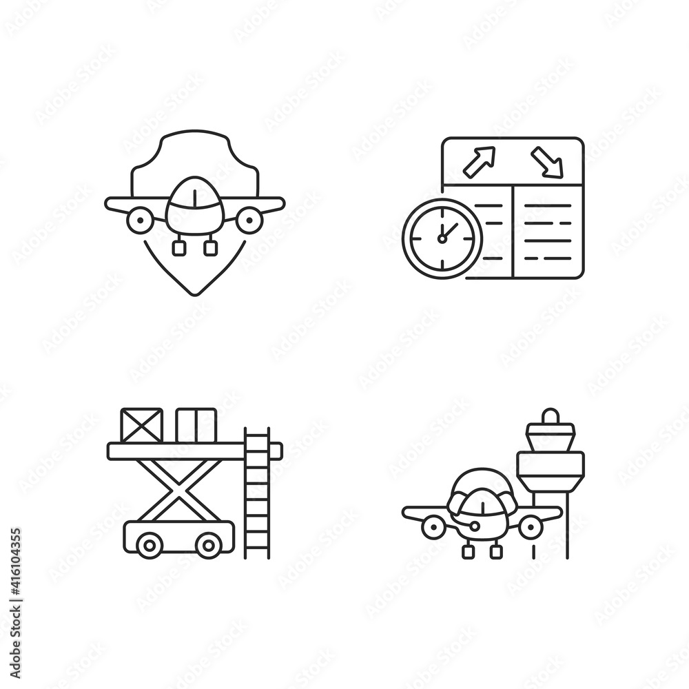 Civil aviation safety flights linear icons set. Flight scheduling ...