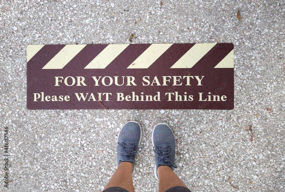 caution floor sign to social distance for your safety stock photo ...
