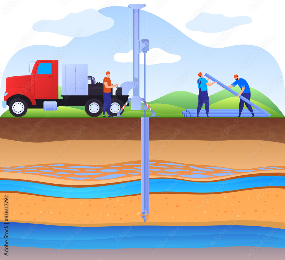 Layers Of Land With Underground Rivers Drilling A Water Well