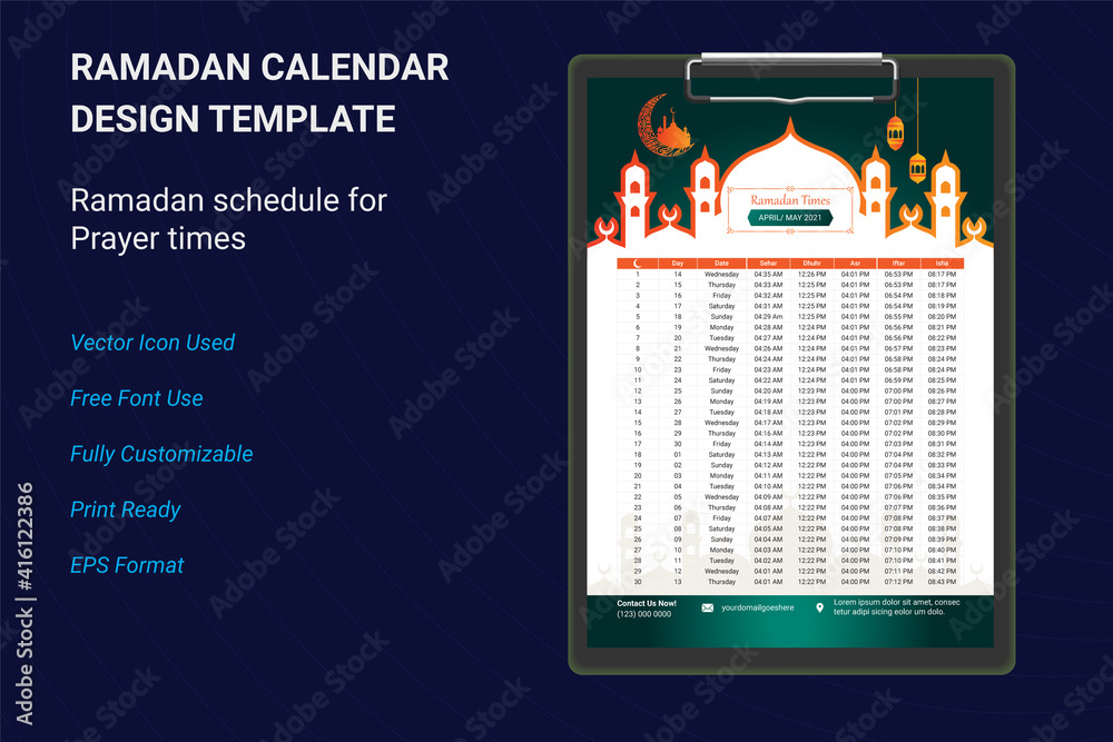 Ramadan Calendar Design Template. Islamic Calendar and Sehri Ifter time ...