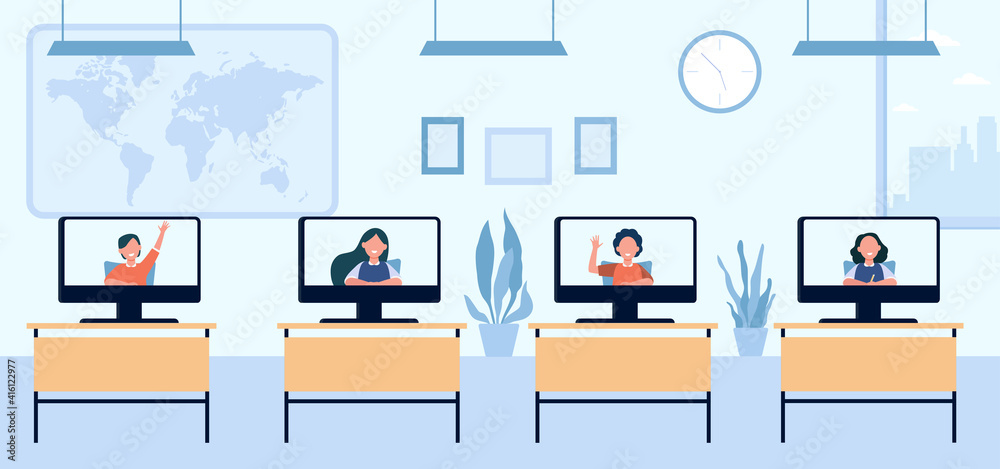 Vettoriale Stock School children attending distance class. Monitors on ...