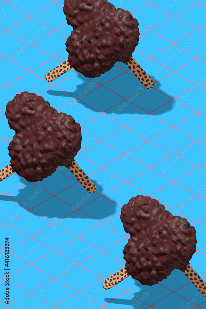 Minimal food geometry in details. 3d render scene chocolate totally ice ...