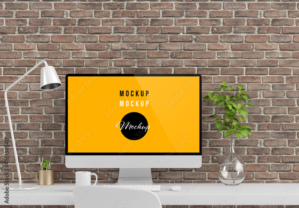 Computer Mockup on a Desk with a Brick Wall Stock Template | Adobe Stock