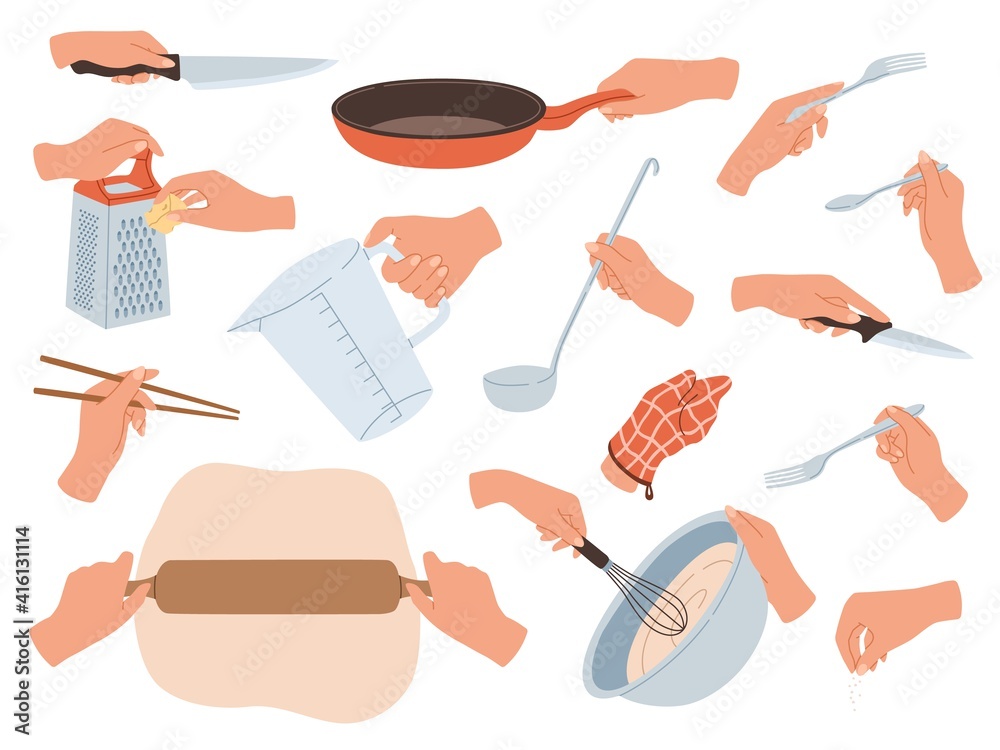 Hands preparing food. Cooking utensils in female hands, restaurant ...