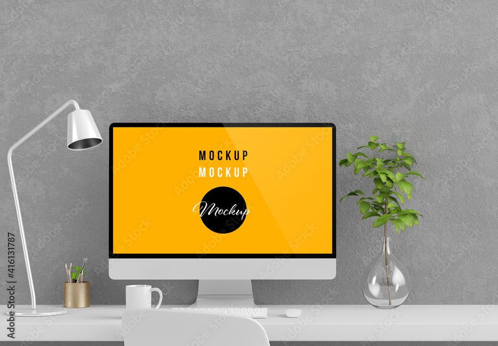 Computer Mockup on a Desk with a Grey Wall Stock Template | Adobe Stock