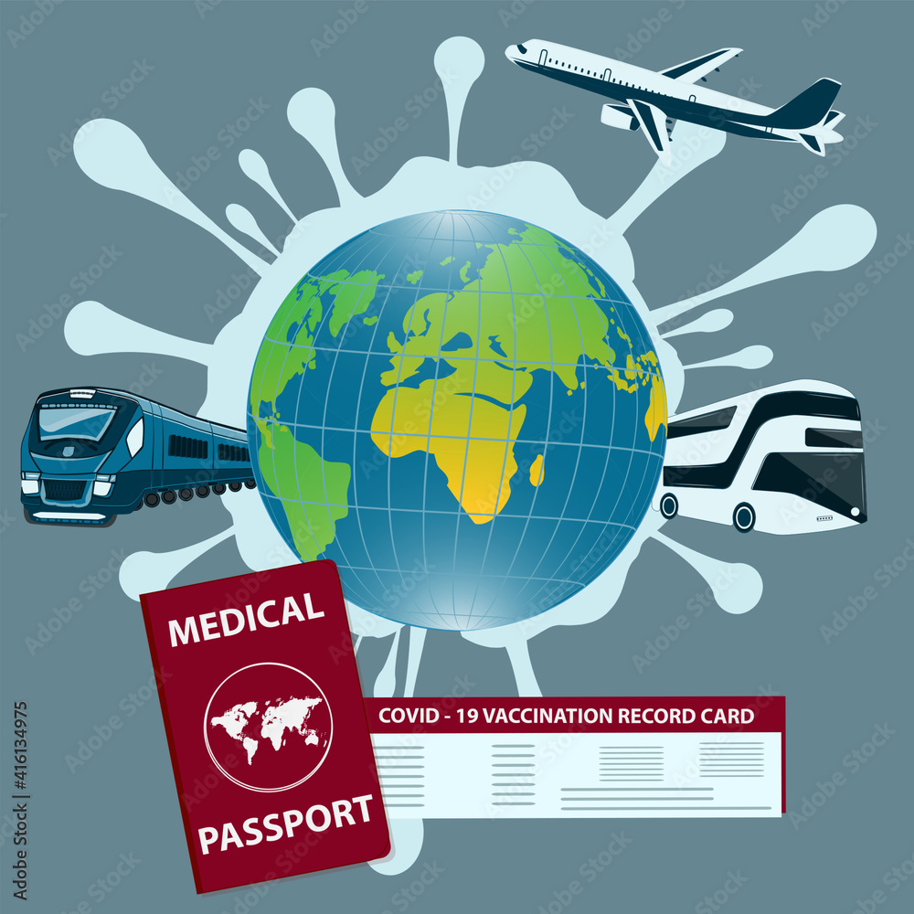 Medical passport. Covid - 19 vaccinated record card, passenger train ...