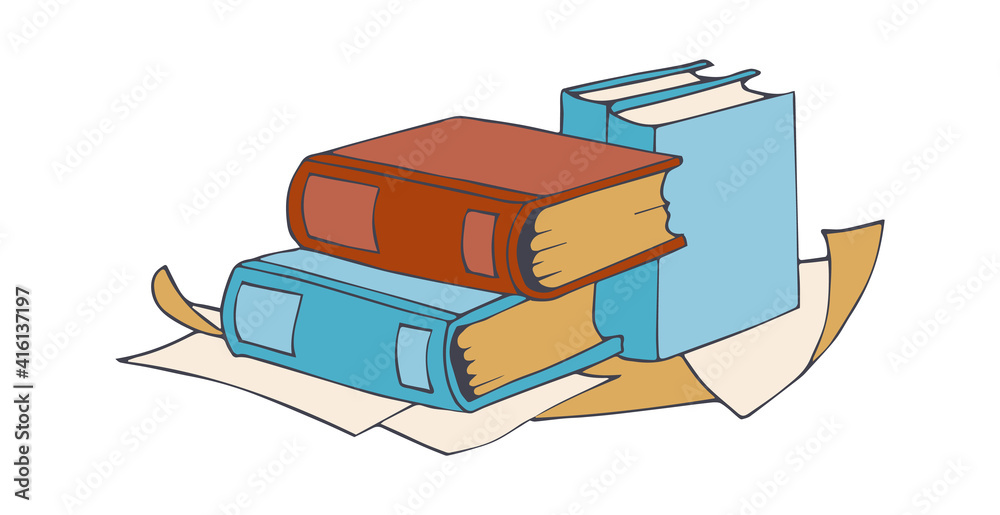 Books and papers. Blank sheets, hand drawn book stack. Isolated diary ...