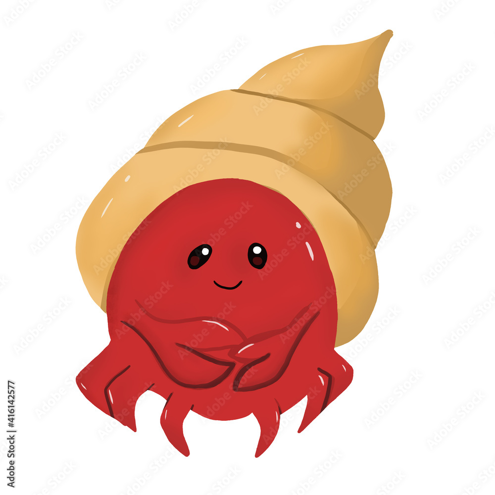 red round crab with large spiral shell with claws in cartoon style ...