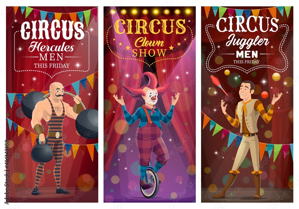 Circus clown , juggler and strongman vector characters. Top tent ...