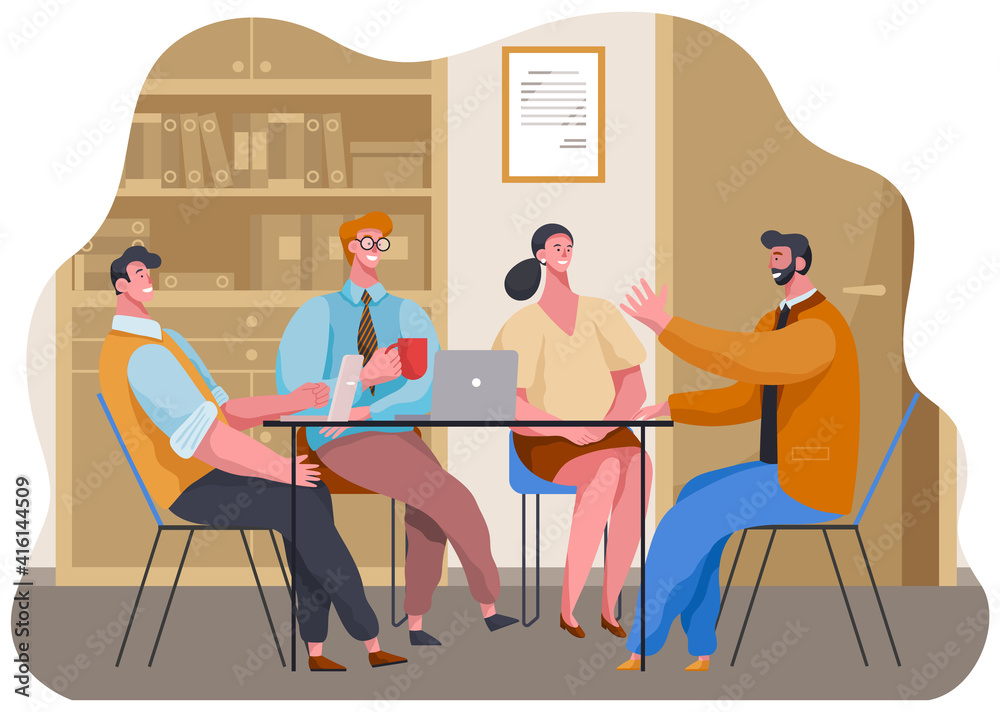 Businesswoman and businessmen talking, drinking coffee, tea break time ...