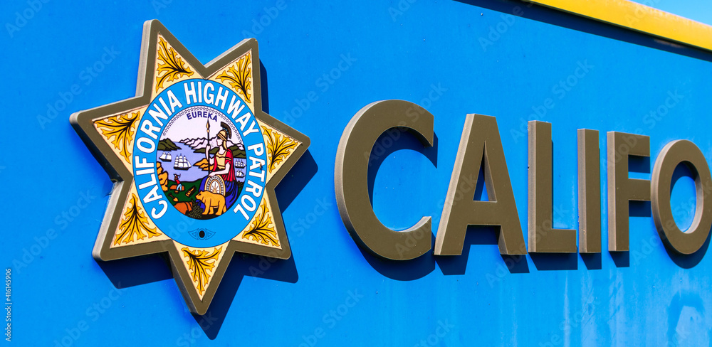 California Highway Patrol emblem and sign of a law enforcement agency ...
