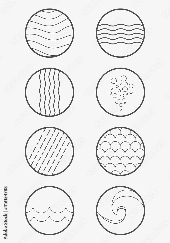 Set of icons Backgrounds or Patterns of water, waves. Hand drawn doodle ...