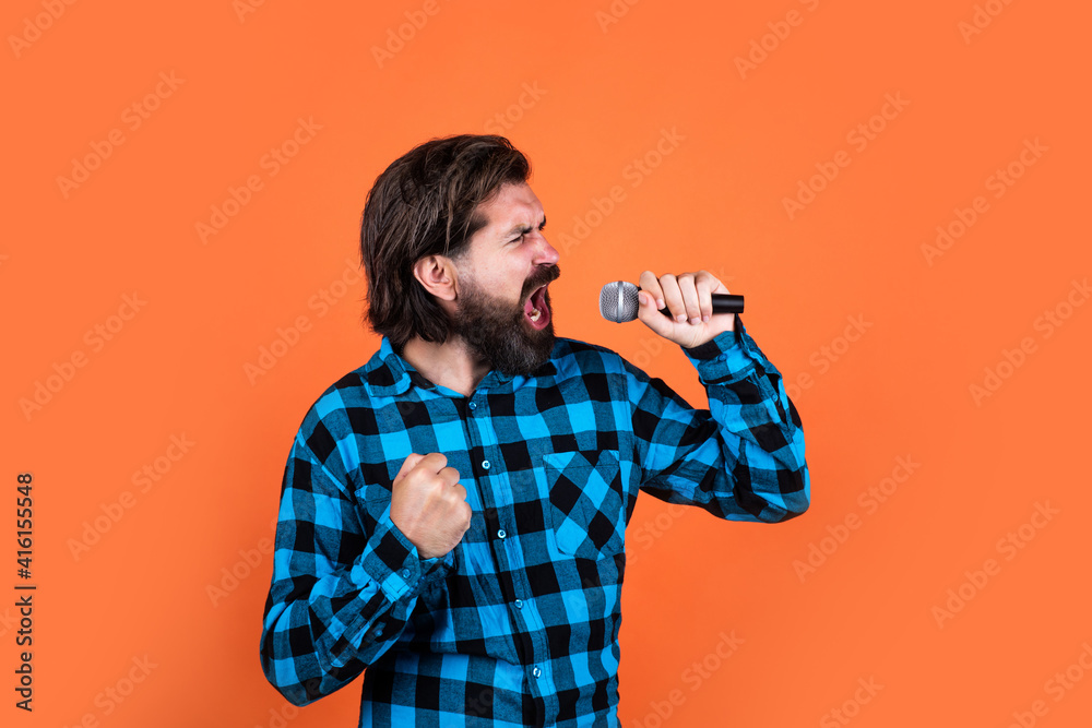 vocal warm up. brutal guy in karaoke club. male singing in mic ...