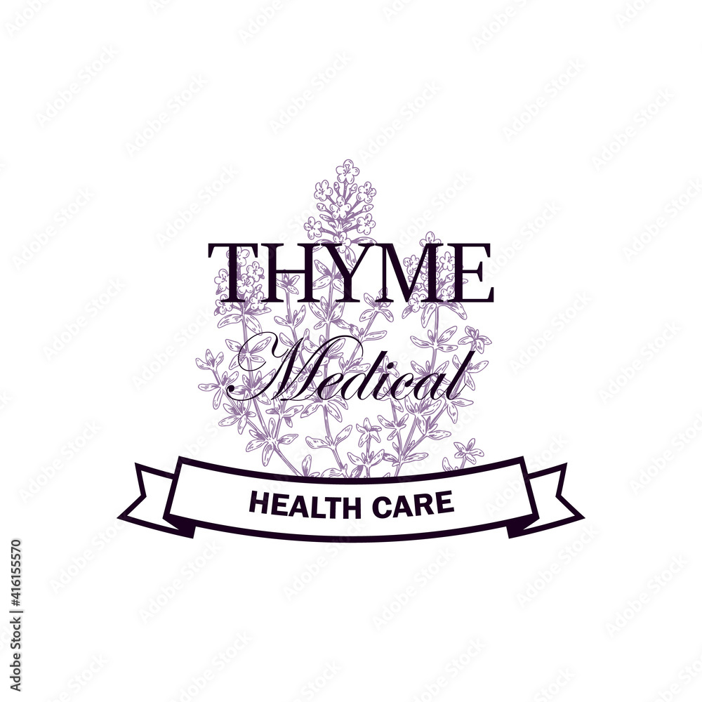 Medical thyme logo with hand drawn elements. Vector illustration in ...