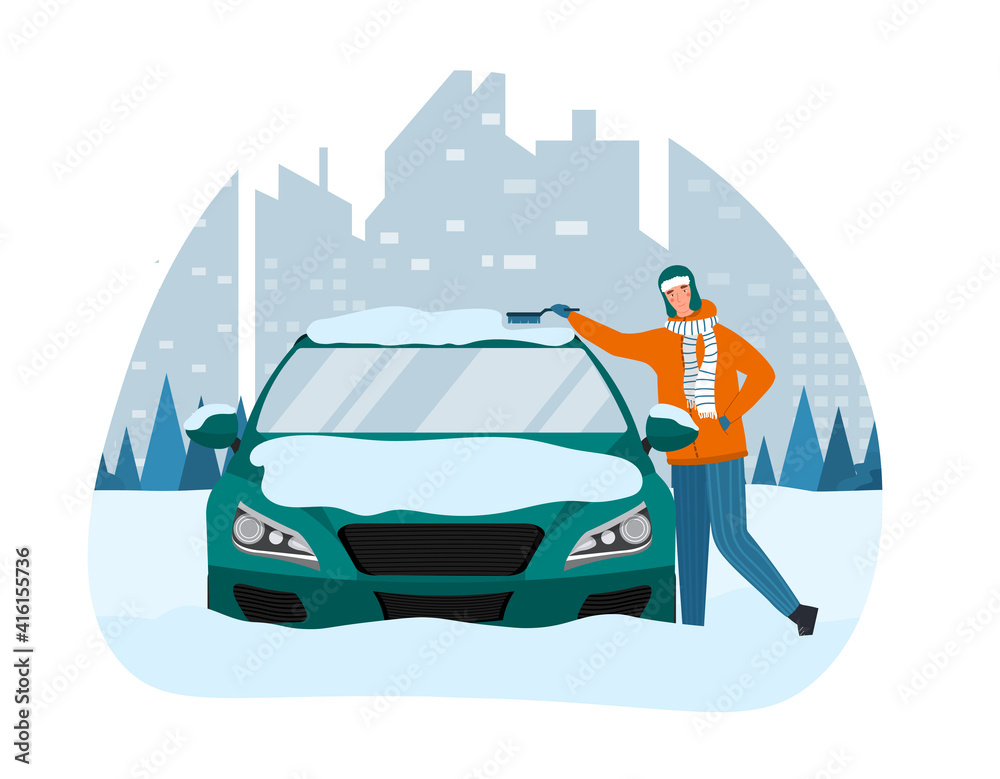 Male character is removing ice and snow from his car. Driver is ...