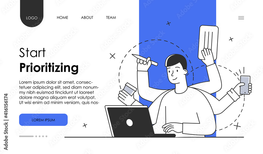 Male character shows multitasking. Ma is sitting and doing several ...