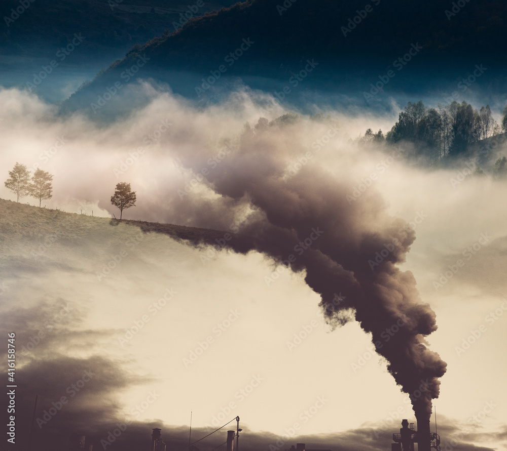 factory smoke covering green forest double exposure global warming ...