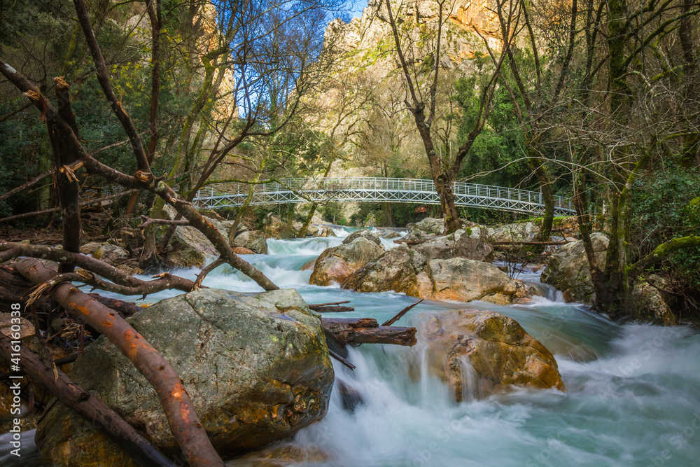 Beautiful mountain river stream in the iconic park of Fragas de Sao ...