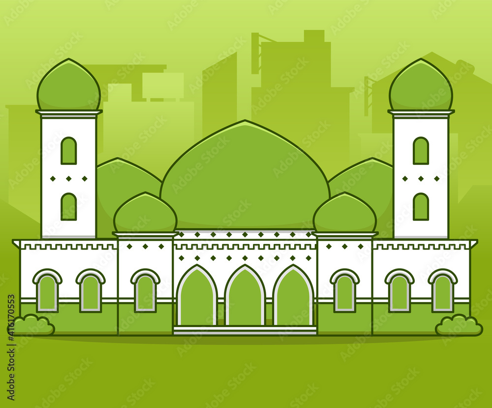 Green peaceful big grand mosque with minaret tower and green dome in ...