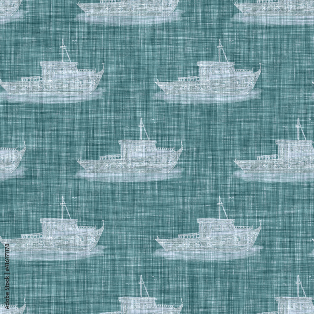 Aegean teal fishing boat bird linen texture background. Summer coastal ...