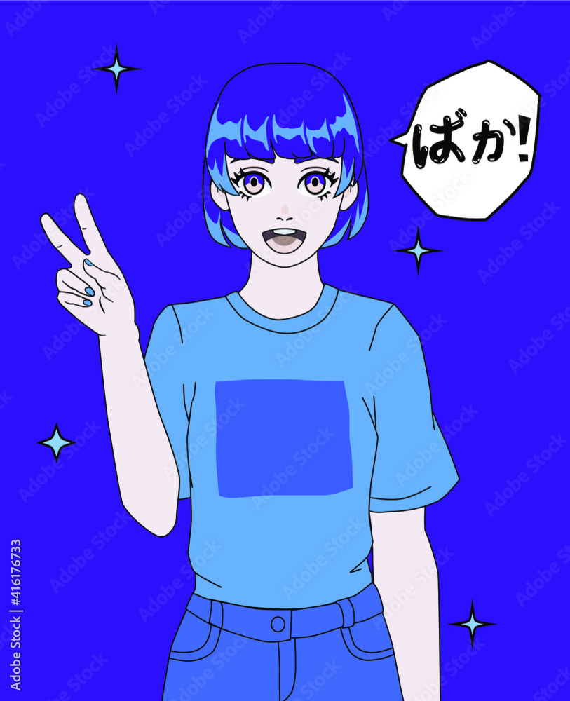 Cartoon slylish anime girl showing victory hand gesture. Modern trendy ...