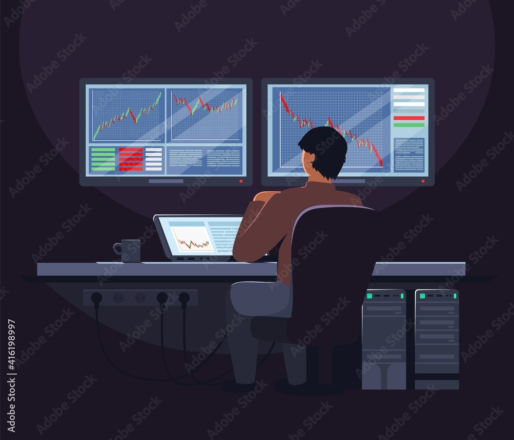 Stock trader, broker, male cartoon character sitting at trader desk in ...