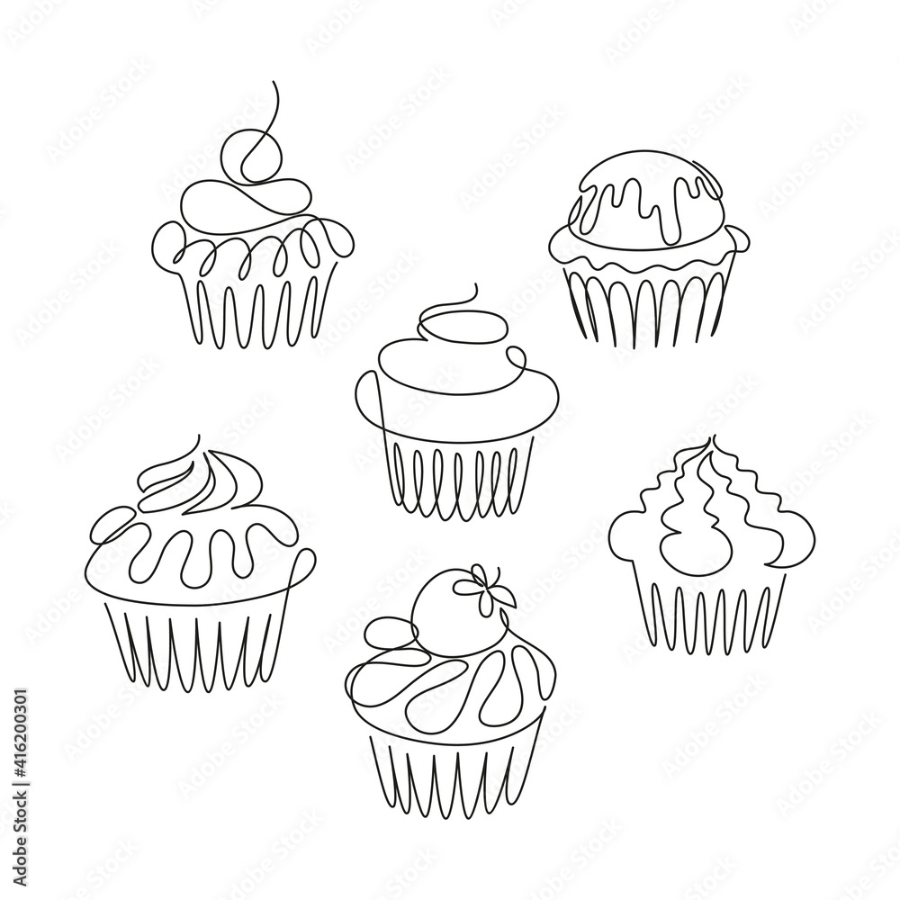 Set of abstract cupcakes. Vector illustration, minimalism, one continuous line, sketch, drawing ...
