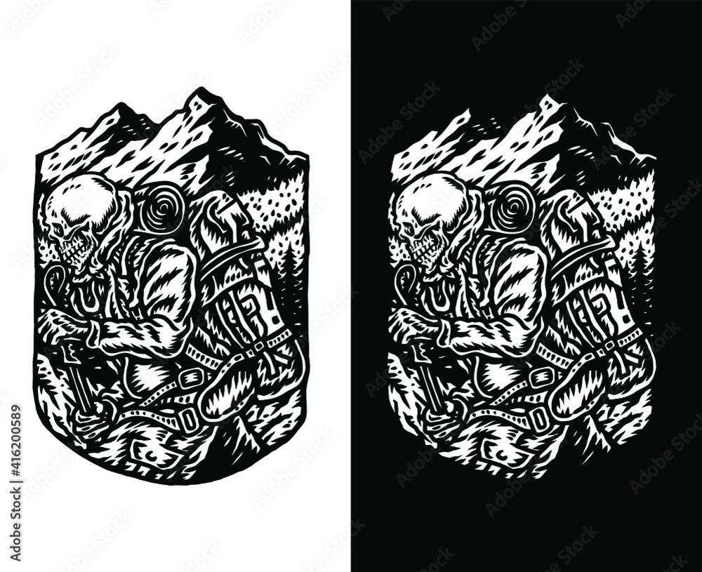 Skeleton Hiking Adventure, hand drawn line art vector illustration ...