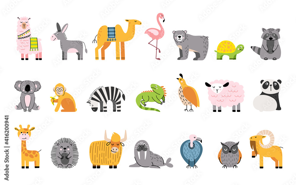 Cute animal set with raccoon, bear, quail, sheep, vulture and flamingo ...