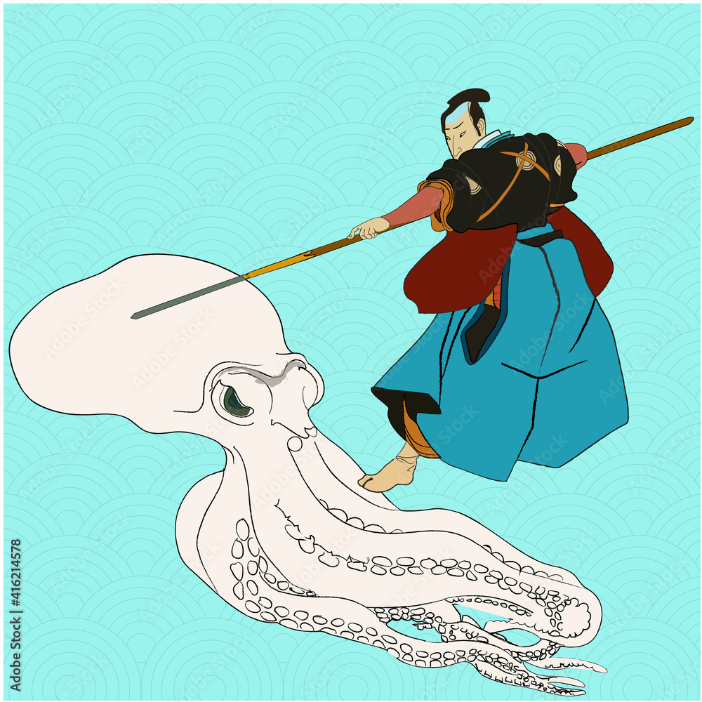 Japanese samurai hero fights sea monstrous octopus ukio-e drawing ...
