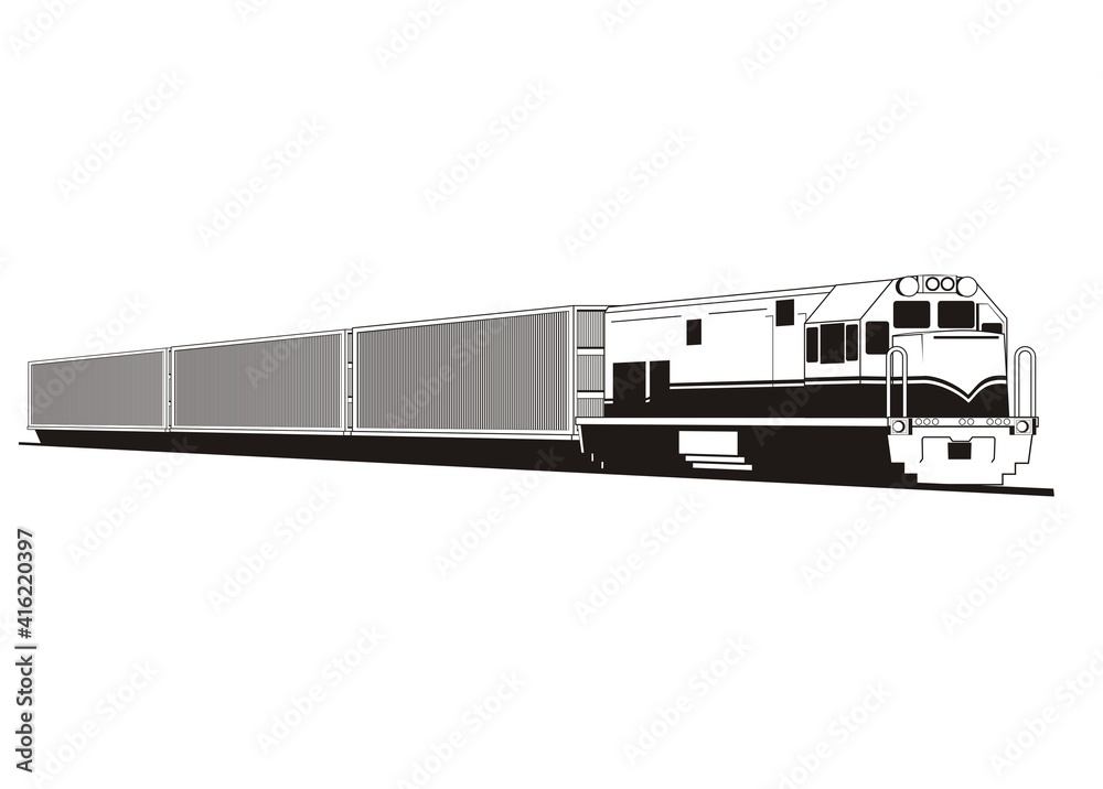 Container train. Simple illustration in black and white. Perspective ...