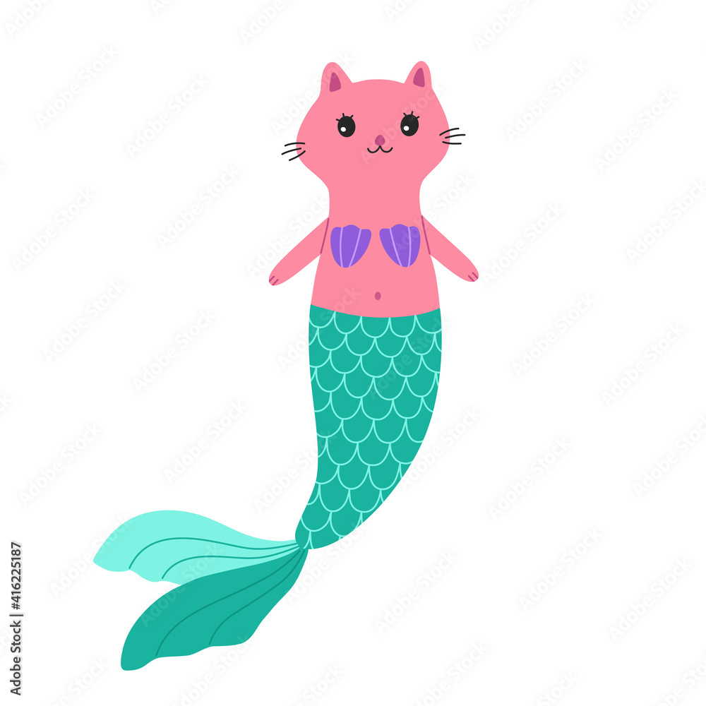 Cute little cat mermaid, magic kitty princess character, hand drawn ...