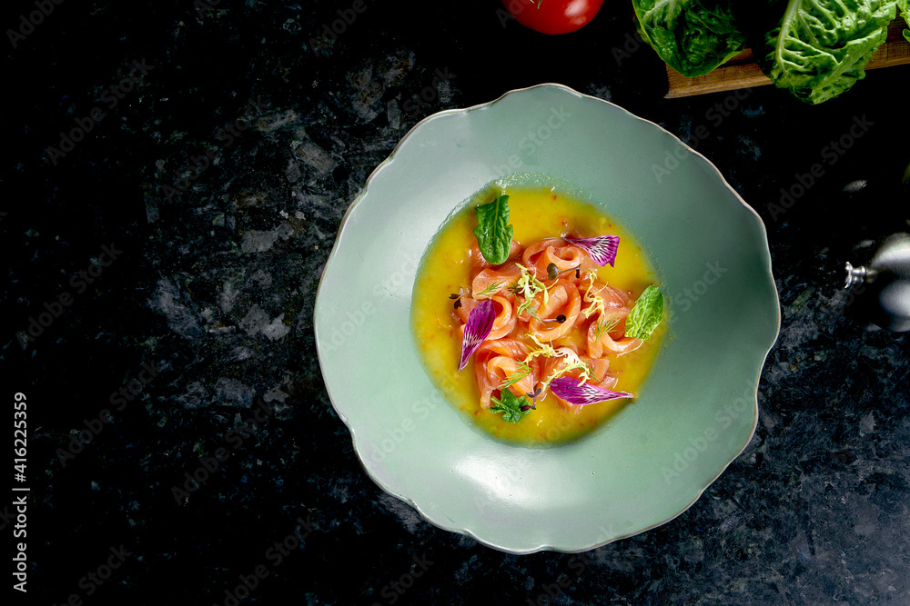 Peruvian cuisine dish - salmon ceviche with hot peppers, onions and ...