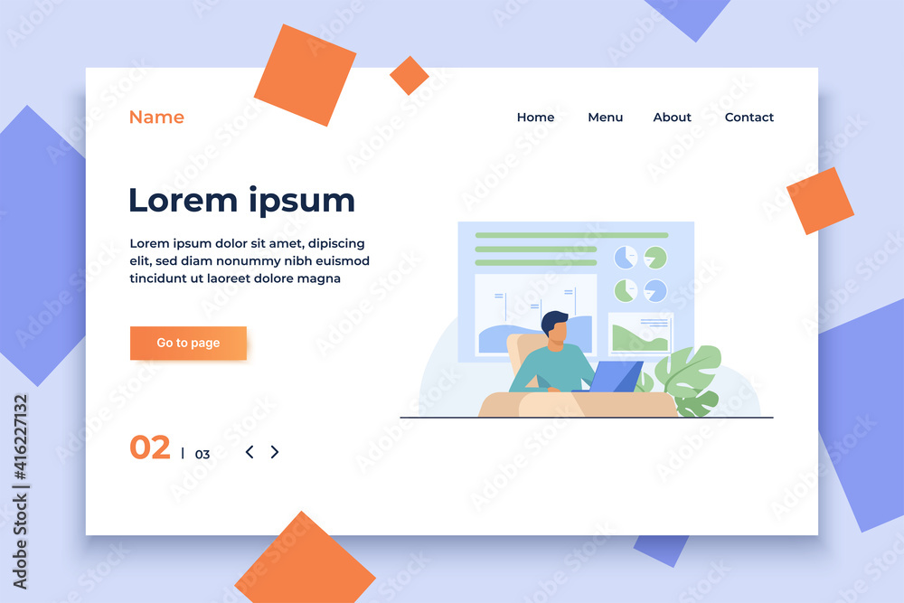 Trader sitting and working at laptop. Bar charts, pie diagrams in ...